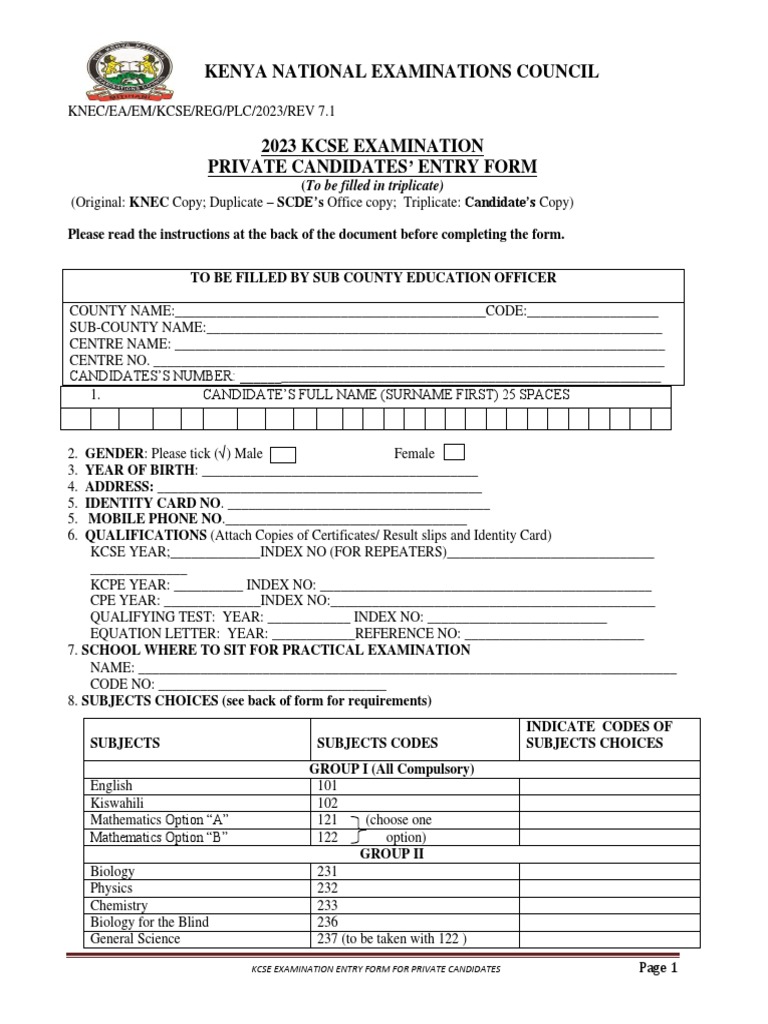 2023 KCSE Entry Form For Private Candidates | PDF | Identity Document
