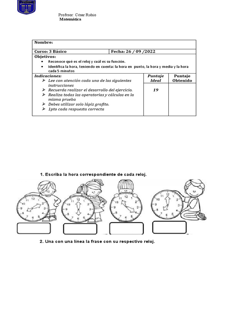 Prueba Relojes 3° | PDF