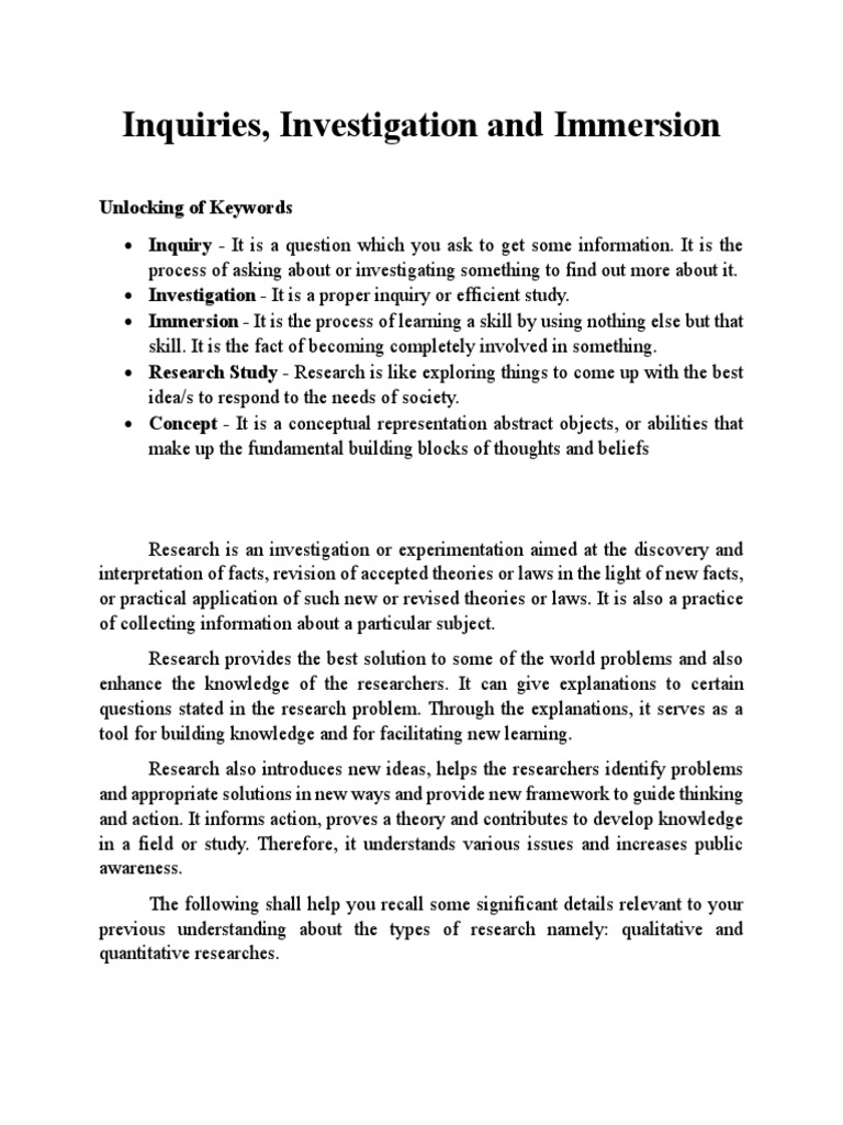 Inquiries, Investigation and Immersion: Unlocking of Keywords | PDF ...
