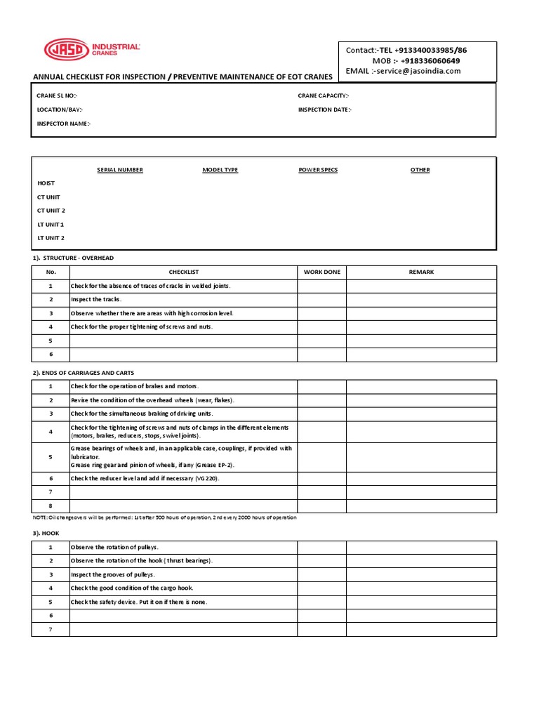 Annual Checklist For Inspection / Preventive Maintenance of Eot Cranes ...