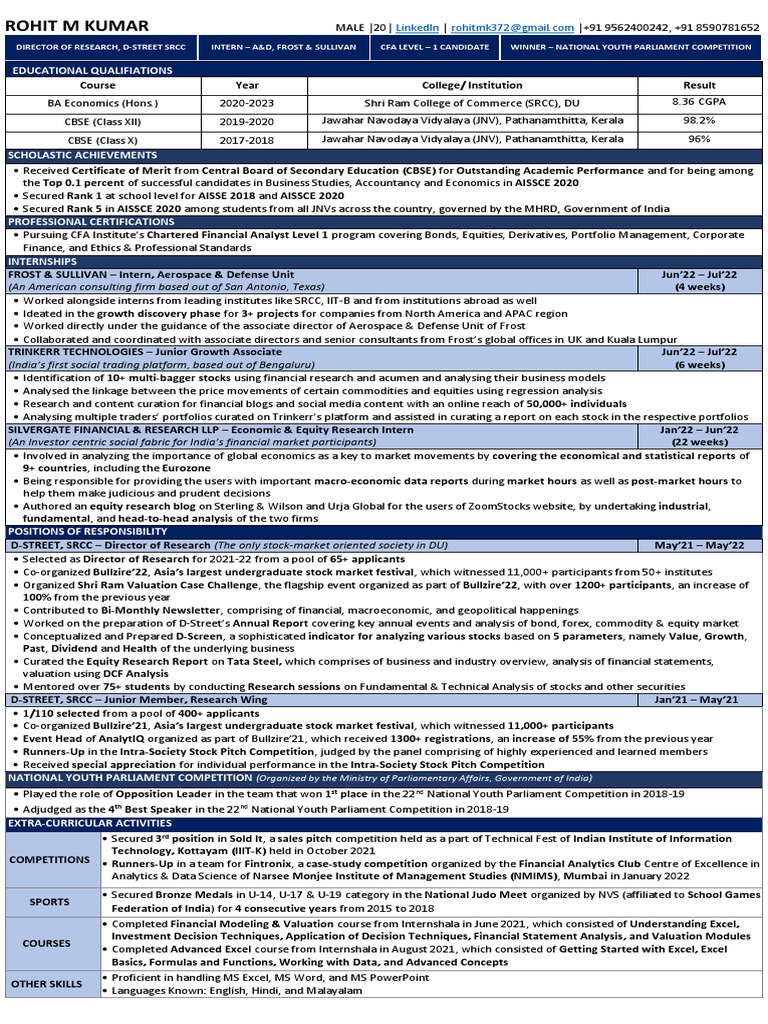 A Detailed Resume Showcasing Rohit Kumar's Accomplished Academic Career, Robust Internship ...