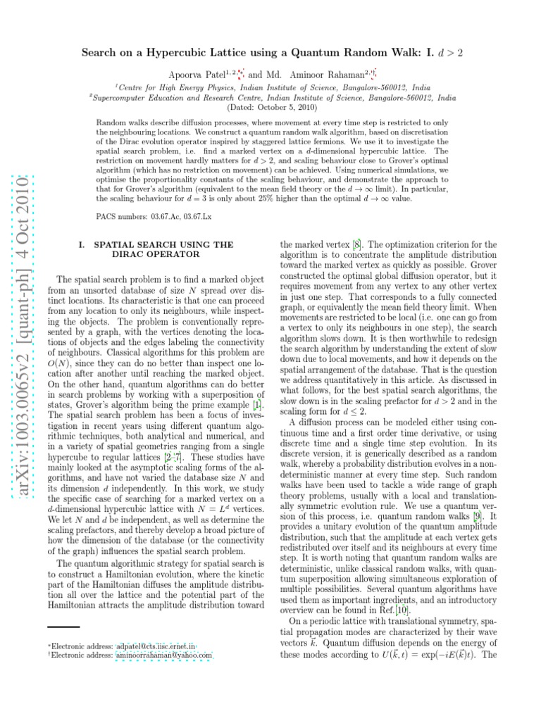Search On A Hypercubic Lattice Using A Q | PDF | Quantum Mechanics | Eigenvalues And Eigenvectors