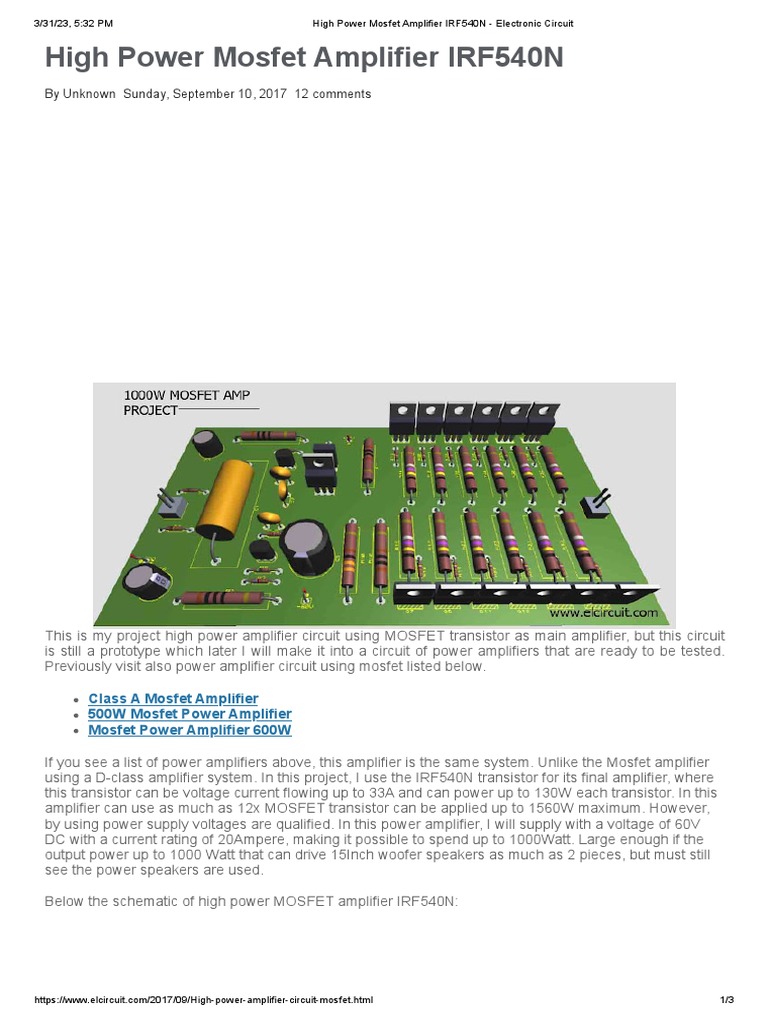 High Power Mosfet Amplifier IRF540N - Electronic Circuit | PDF