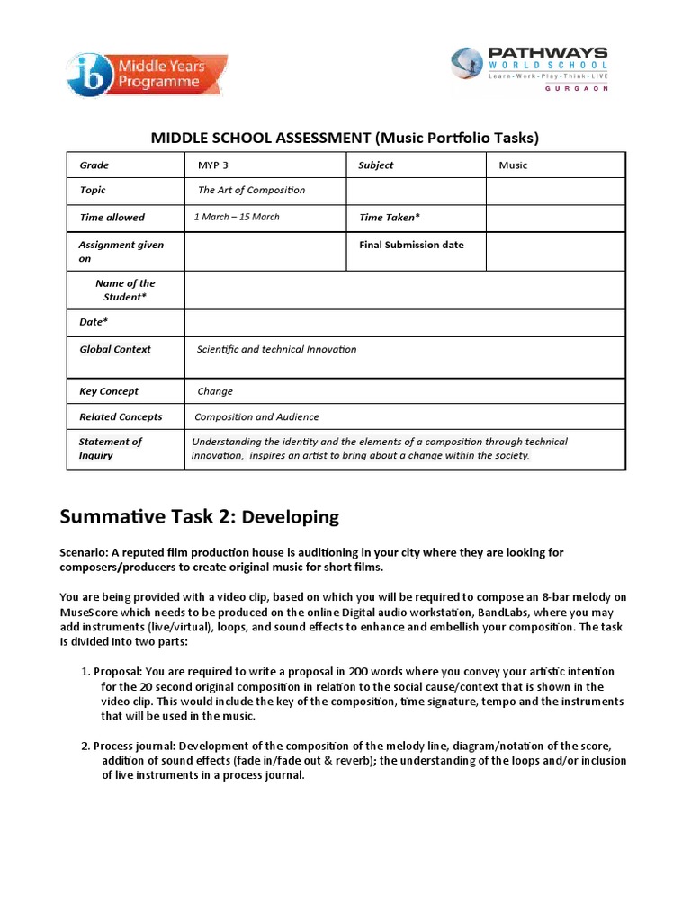 Summative Task 2:: MIDDLE SCHOOL ASSESSMENT (Music Portfolio Tasks ...