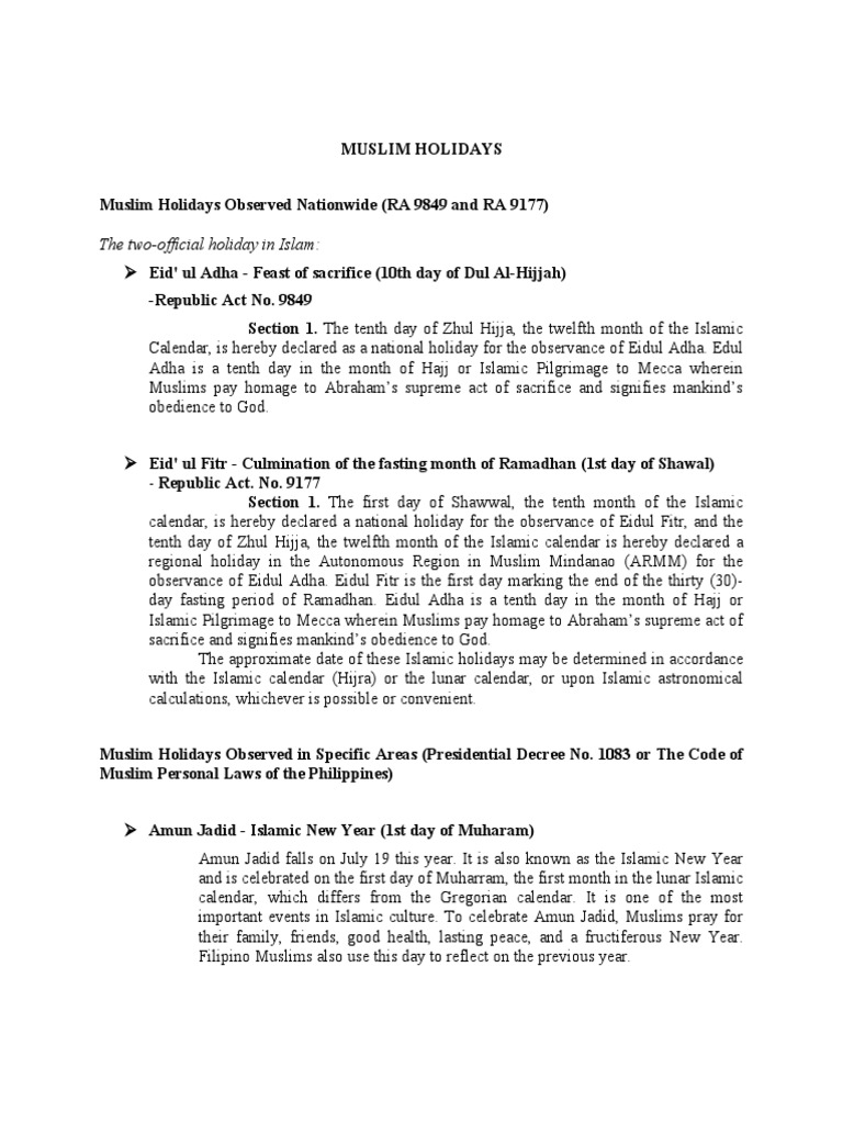 Overview of Muslim Holidays in the Philippines | PDF