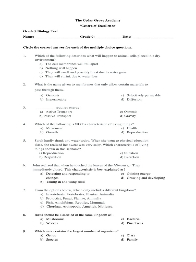 Grade 9 Biology Test Paper | PDF | Taxonomy (Biology) | Osmosis