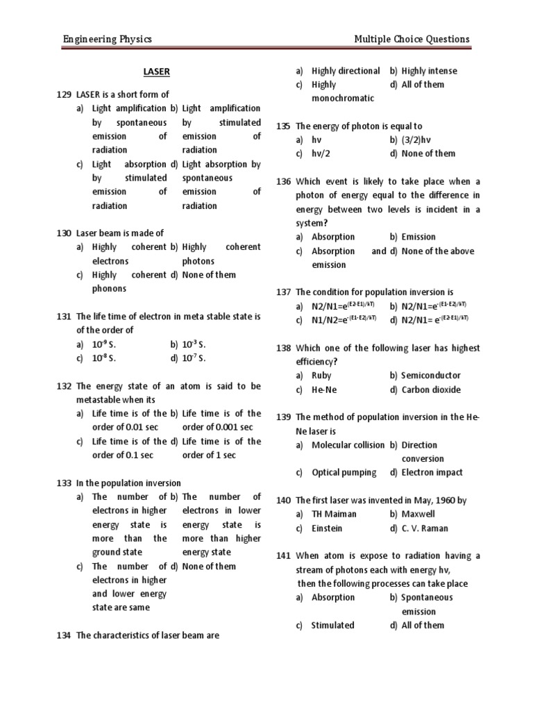 Laser and Fiber Optics-MCQS | PDF | Laser | Optical Fiber