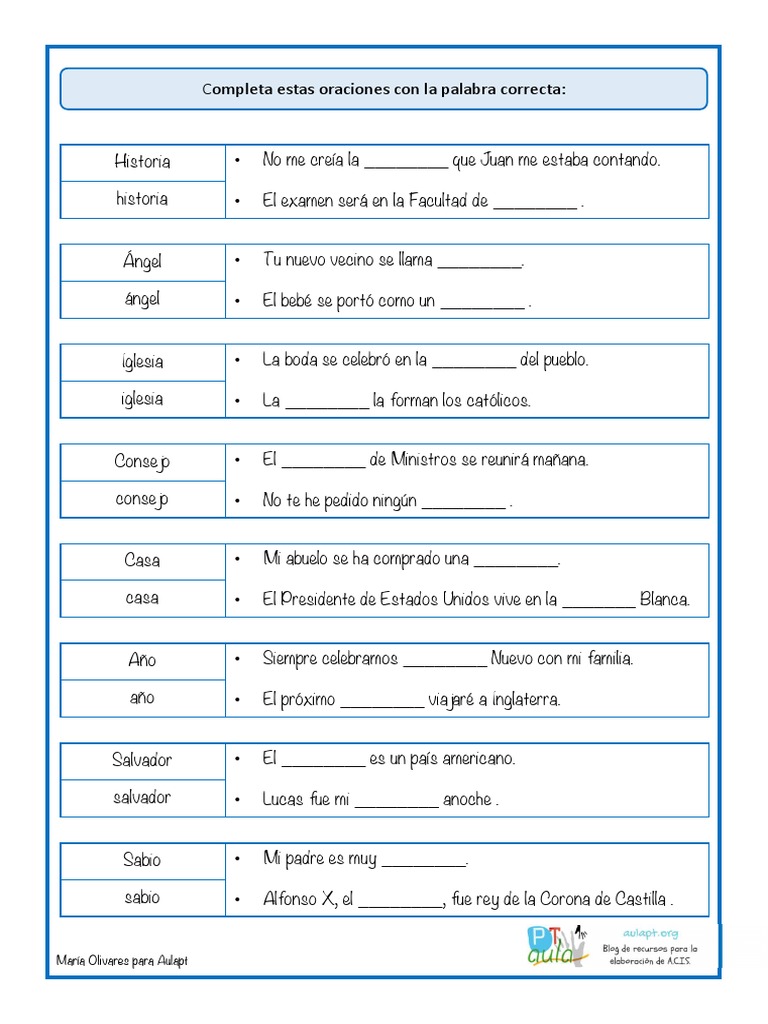 Completa oraciones con palabras correctas | PDF