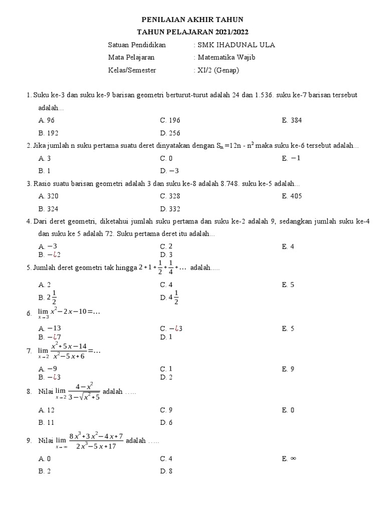 SOAL PAT MTK KELAS 11 SMK MU | PDF