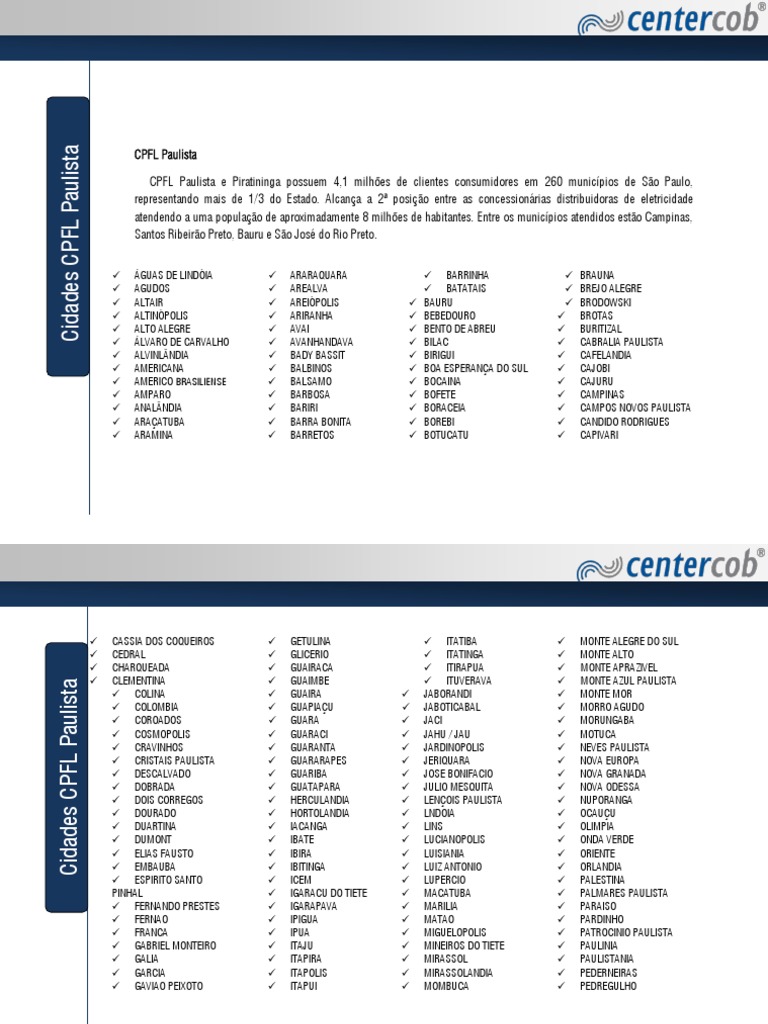 Cidades Atendidas CPFL | PDF | Cooperativa | Brasil