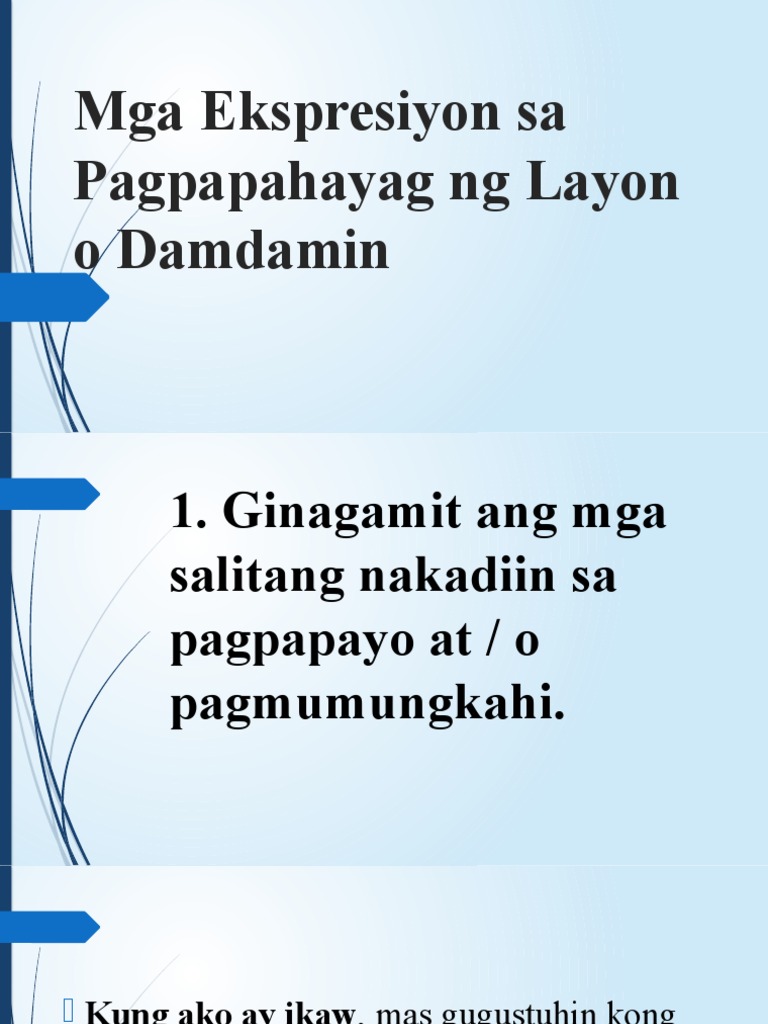 Mga Ekspresiyon Sa Pagpapahayag NG Layon o Damdamin | PDF