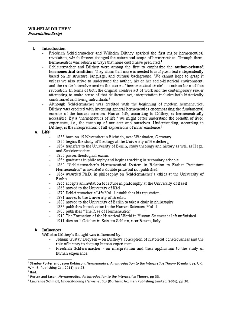 WILHELM DILTHEY Presentation Script | PDF | Hermeneutics | Experience