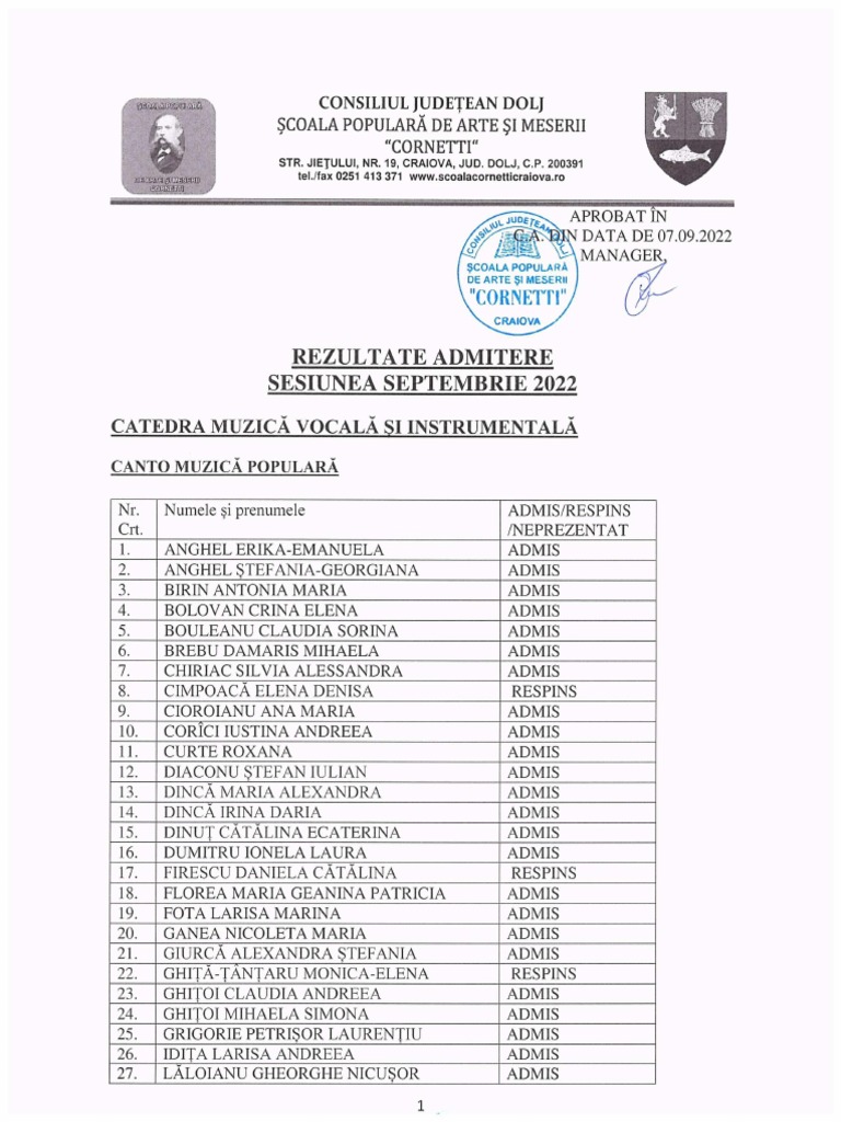 Rezultate Admitere Sesiunea Septembrie 2022 | PDF