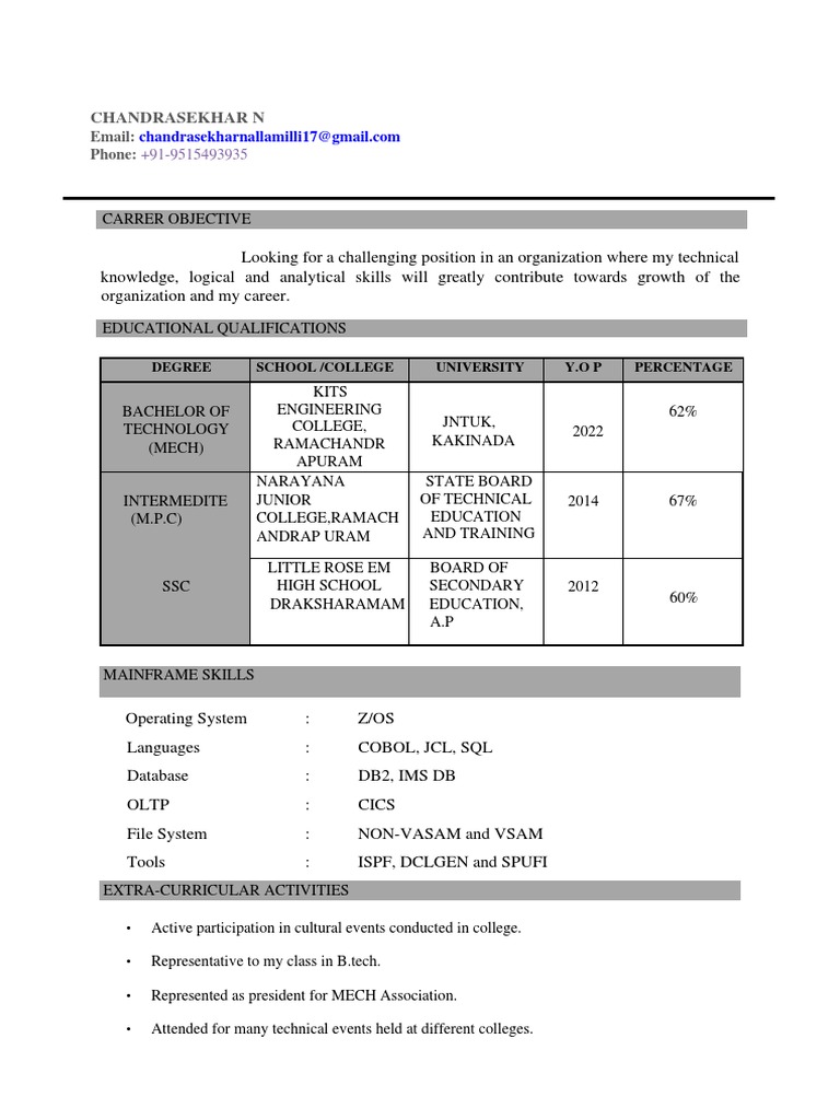 N Chandrasekhar - Mainframe - Resume | PDF | Ibm Db2 | Information Retrieval