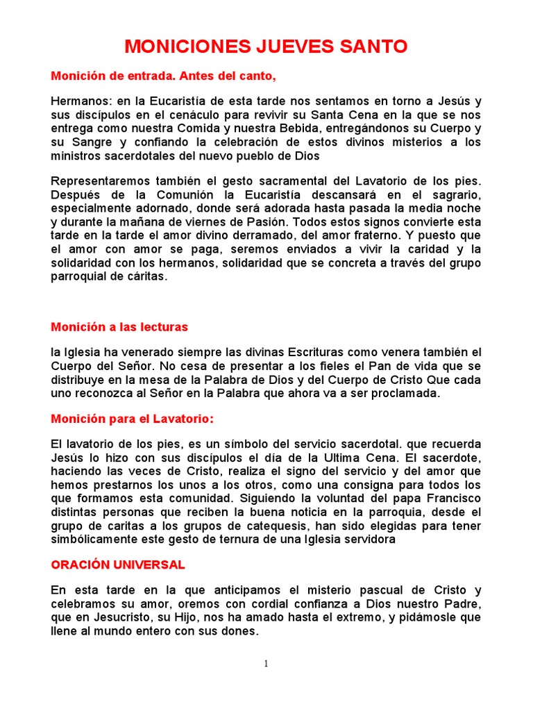 Moniciones Jueves Santo | PDF | eucaristía | Misa (liturgia) Moniciones Jueves Santo | PDF | eucaristía | Misa (liturgia)