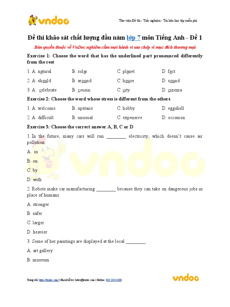 De Thi Khao Sat Chat Luong Dau Nam Lop 7 Mon Tieng Anh de 1 | PDF