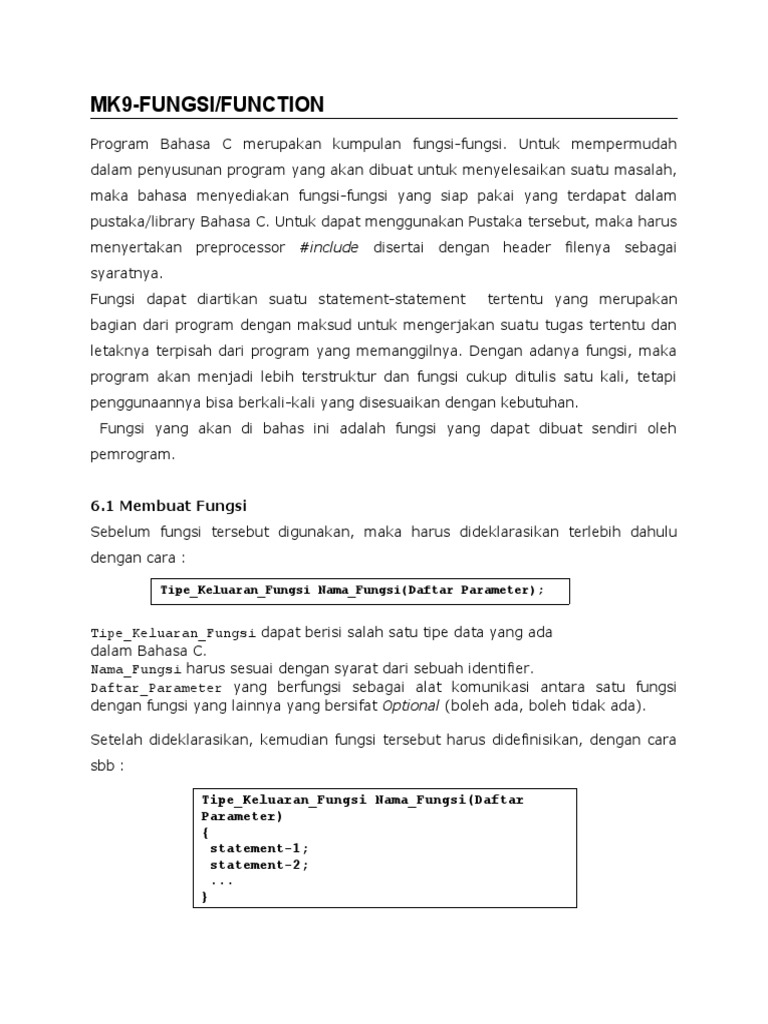 Function Bahasa C | PDF | Metode & Bahan Ajar | Komputer
