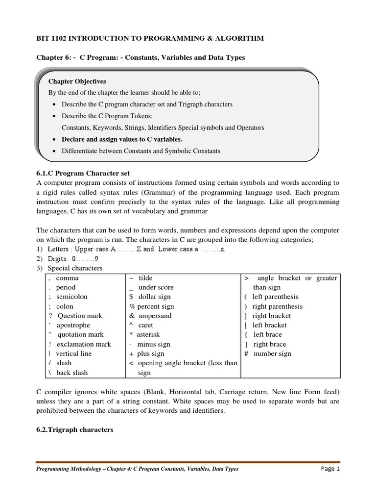 Chapter 6 - C Program Data Types, Constants & Variables | PDF | Integer (Computer Science ...