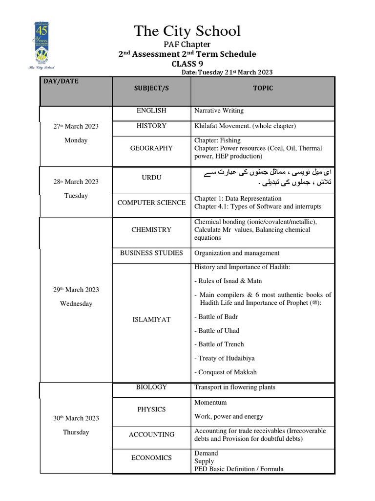 The City School: 2 Assessment 2 Term Schedule Class 9 | Download Free PDF | Physical Sciences ...