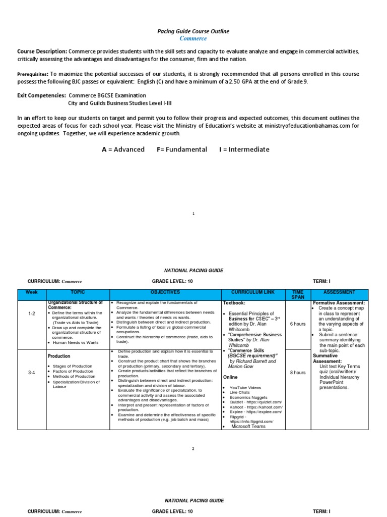 A Advanced F Fundamental I Intermediate: Pacing Guide Course Outline ...