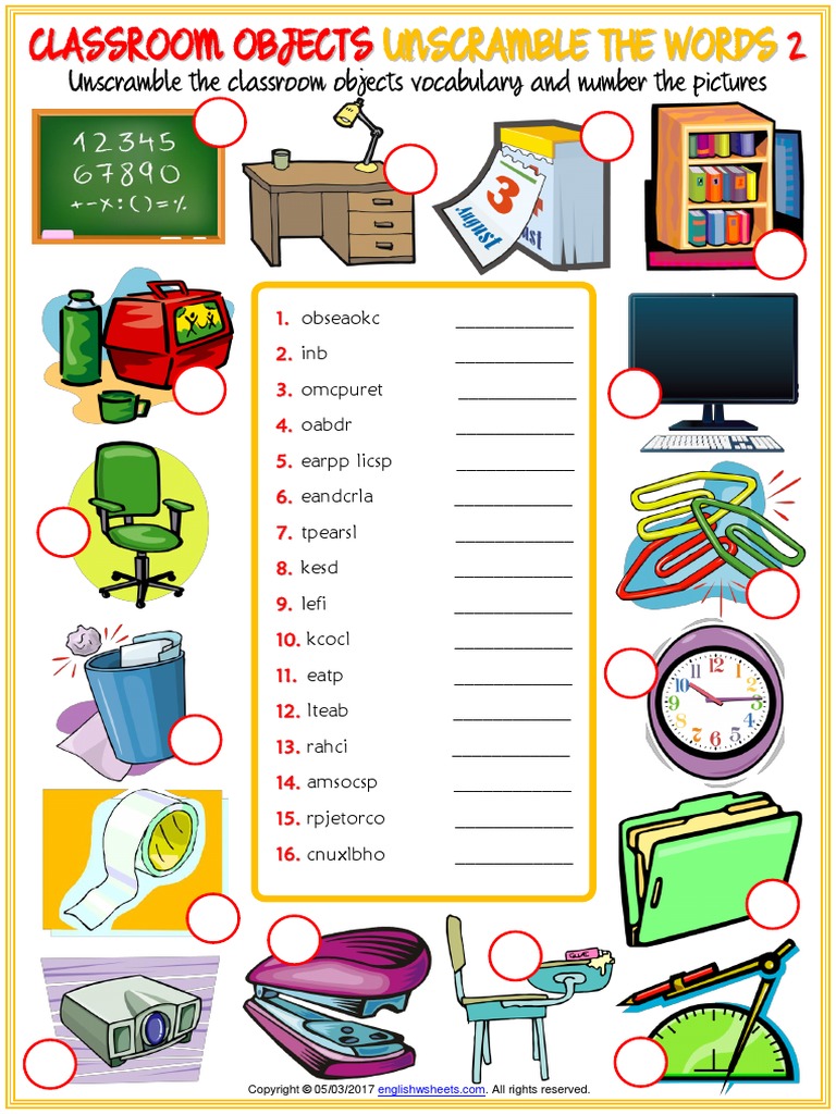 Classroom Objects Vocabulary Esl Unscramble The Words Worksheets For Kids-2 | PDF | Computers ...