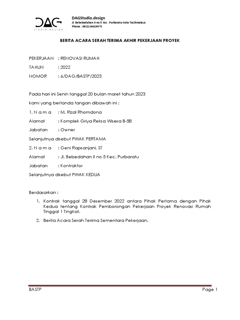 Contoh BASTP Renovasi Rumah | PDF
