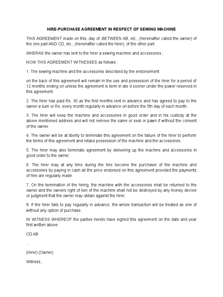 Hire-Purchase Agreement in Respect of Sewing Machine | PDF