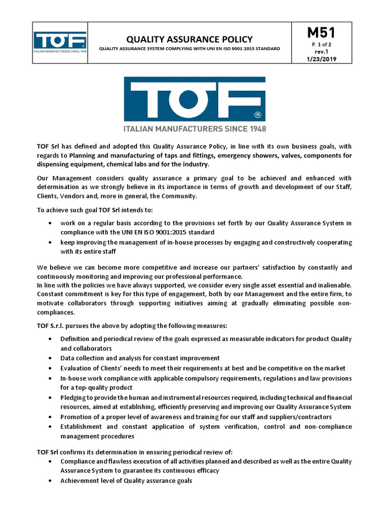 M51-Quality Management Policy | PDF | Quality Assurance | Regulatory ...