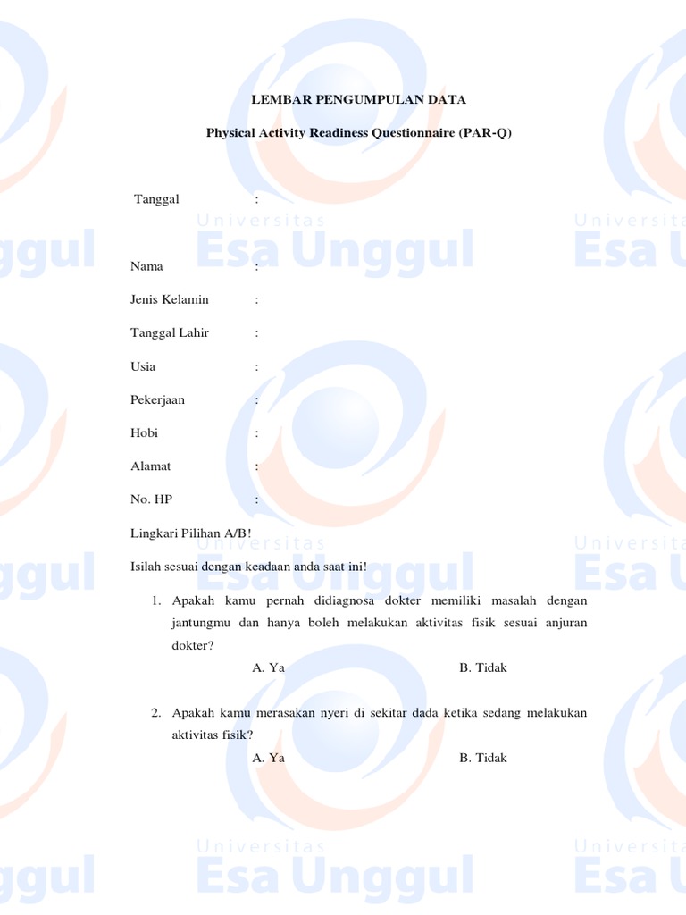 Lembar Pengumpulan Data Physical Activity Readiness Questionnaire (PAR ...