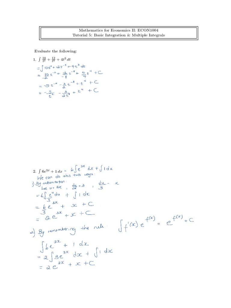 Mathematics For Economics II: ECON1004 Tutorial 5: Basic Integration & Multiple Integrals | PDF
