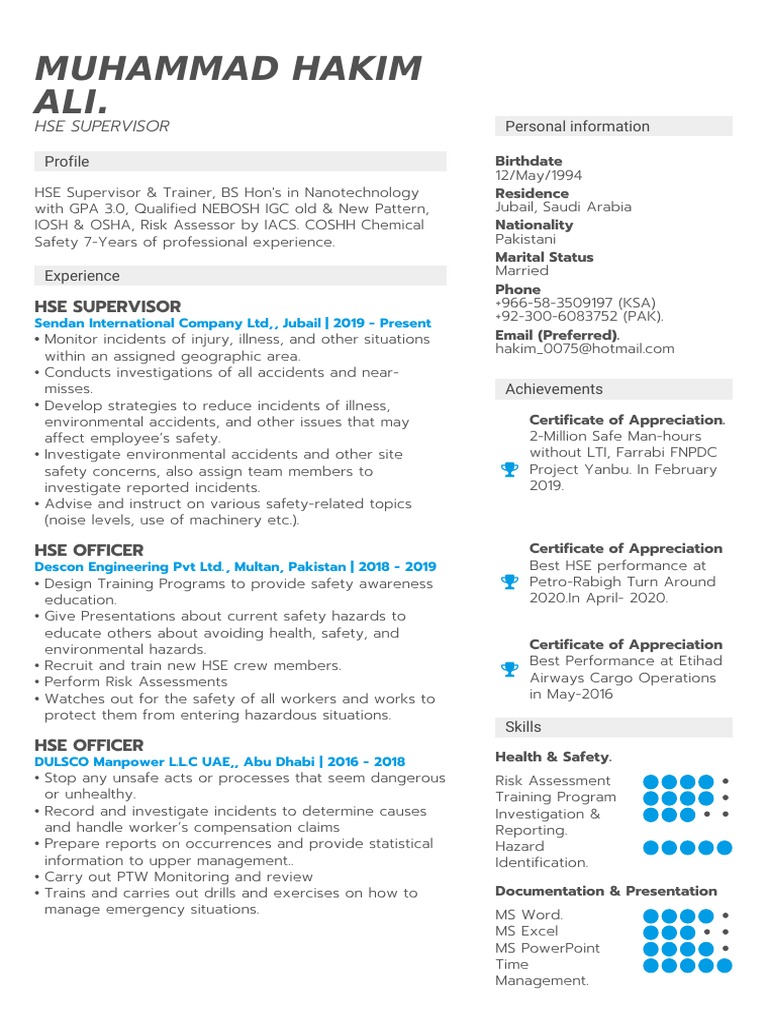 A Detailed Resume Showcasing an Experienced HSE Supervisor with Qualifications in Safety ...