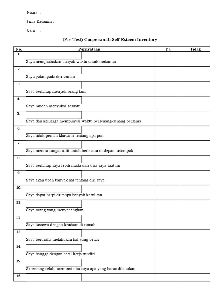 Pre Test Kuisioner Self Esteem | PDF