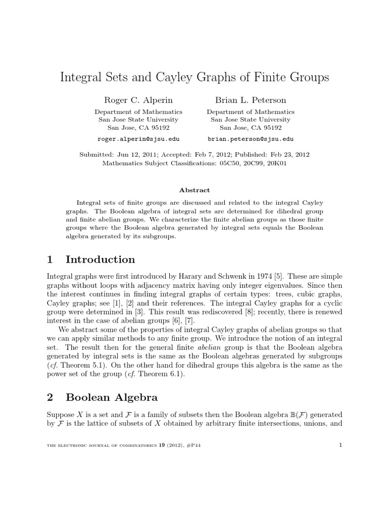 Integral Sets and Cayley Graphs of Finite Groups: Roger C. Alperin Brian L. Peterson | Download ...