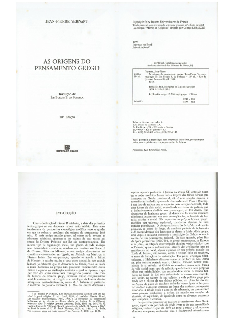 VERNANT, Jean-Pierre. As Origens Do Pensamento Grego | PDF