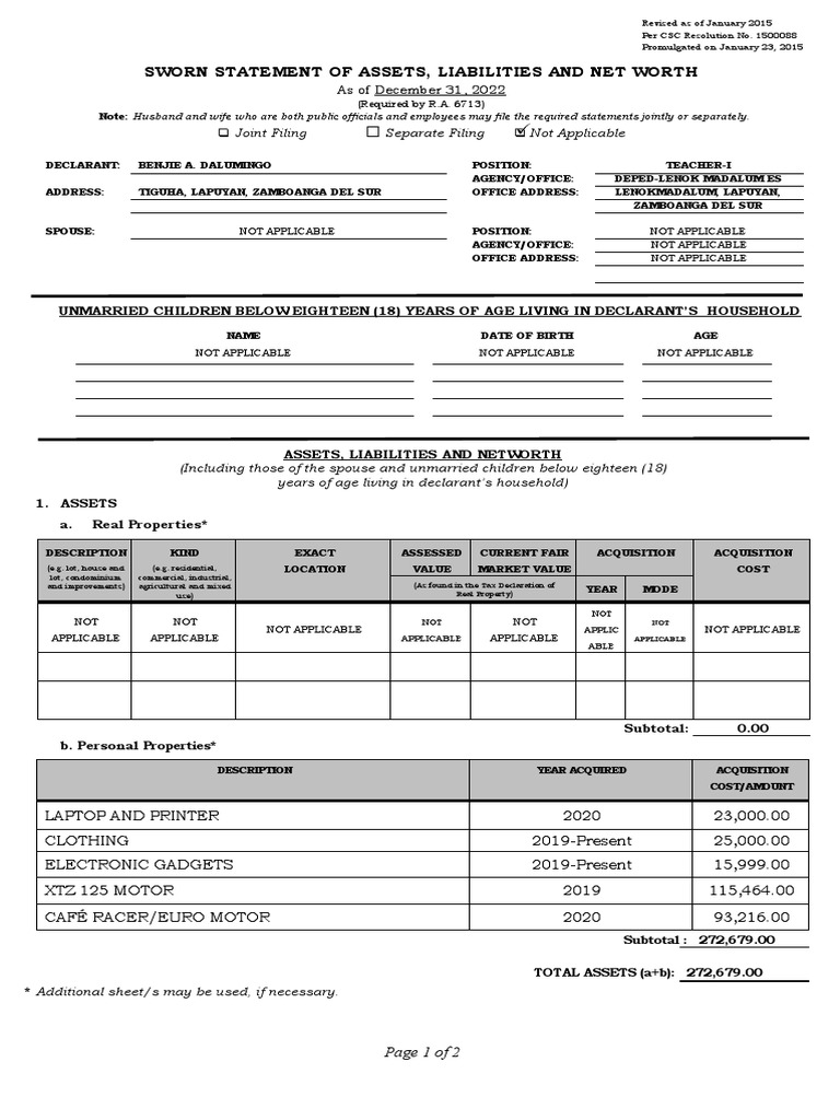 Statement of Assets Liabilities and Net Worth Benjie Dalumingo 2022 ...