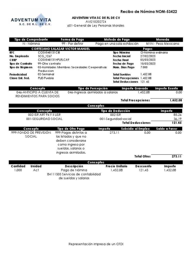 Adventum Vita SC de RL de CV: Recibo de Nómina NOM-53422 | PDF ...