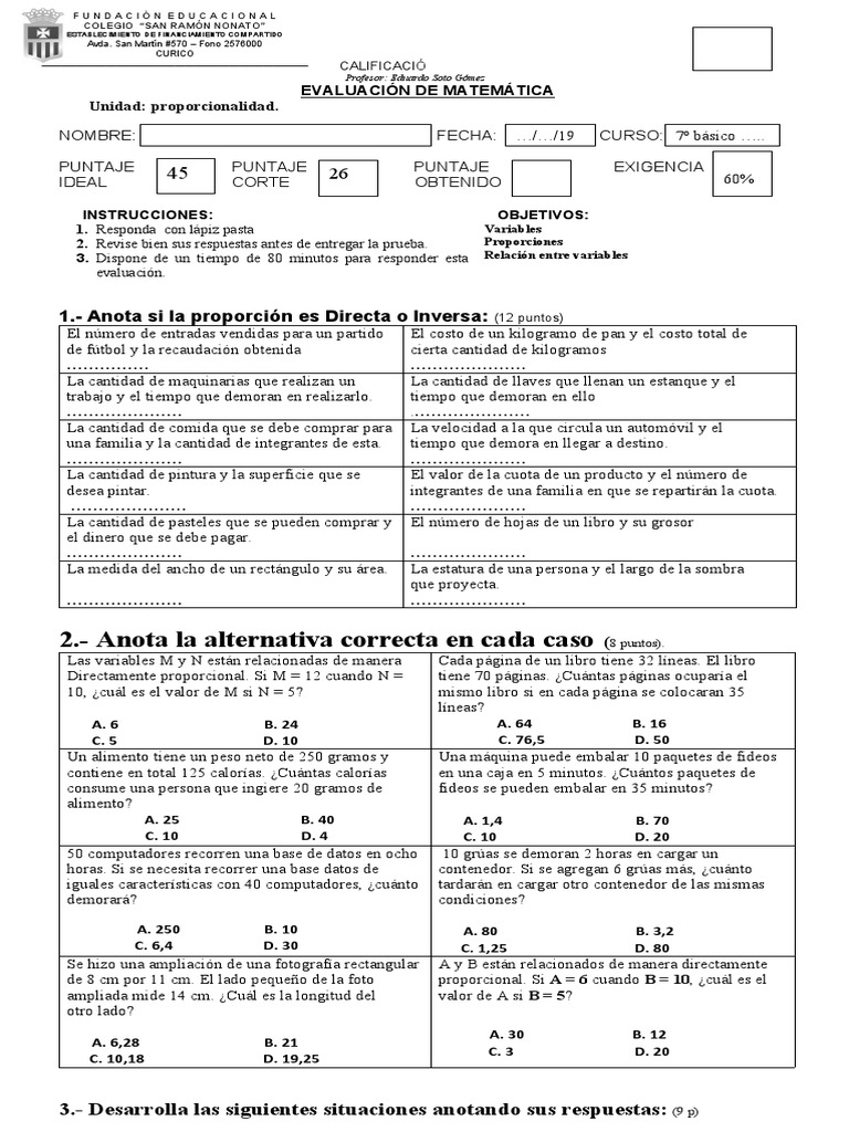 Prueba 7° Proporciones 2019 | PDF