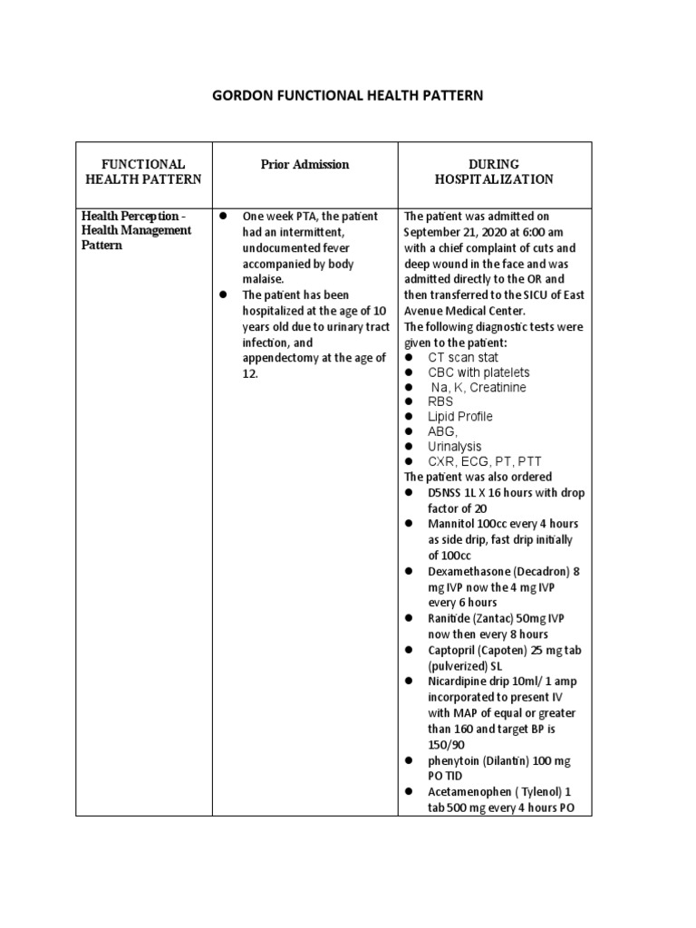 1st Half GORDON FUNCTIONAL HEALTH PATTERN - Head Injury | PDF ...