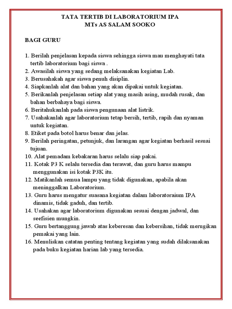 Tata Tertib Di Laboratorium Ipa Mts As Salam Sooko Bagi Guru | PDF | Sains & Matematika