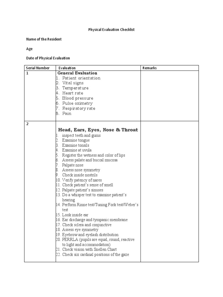 Physical Evaluation Checklist For Nurse | PDF | Pulse | Human Nose
