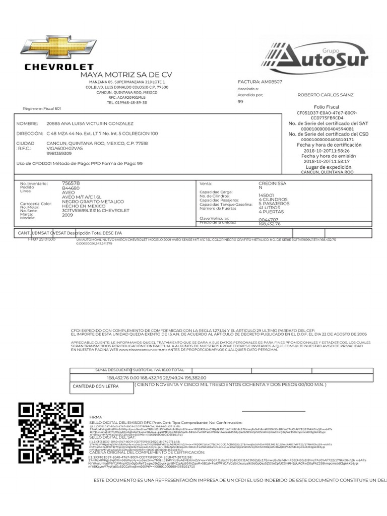 Factura - Chevrolet - Aveo5994 | PDF