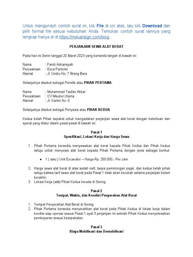 Contoh Surat Perjanjian Sewa Alat Berat | PDF