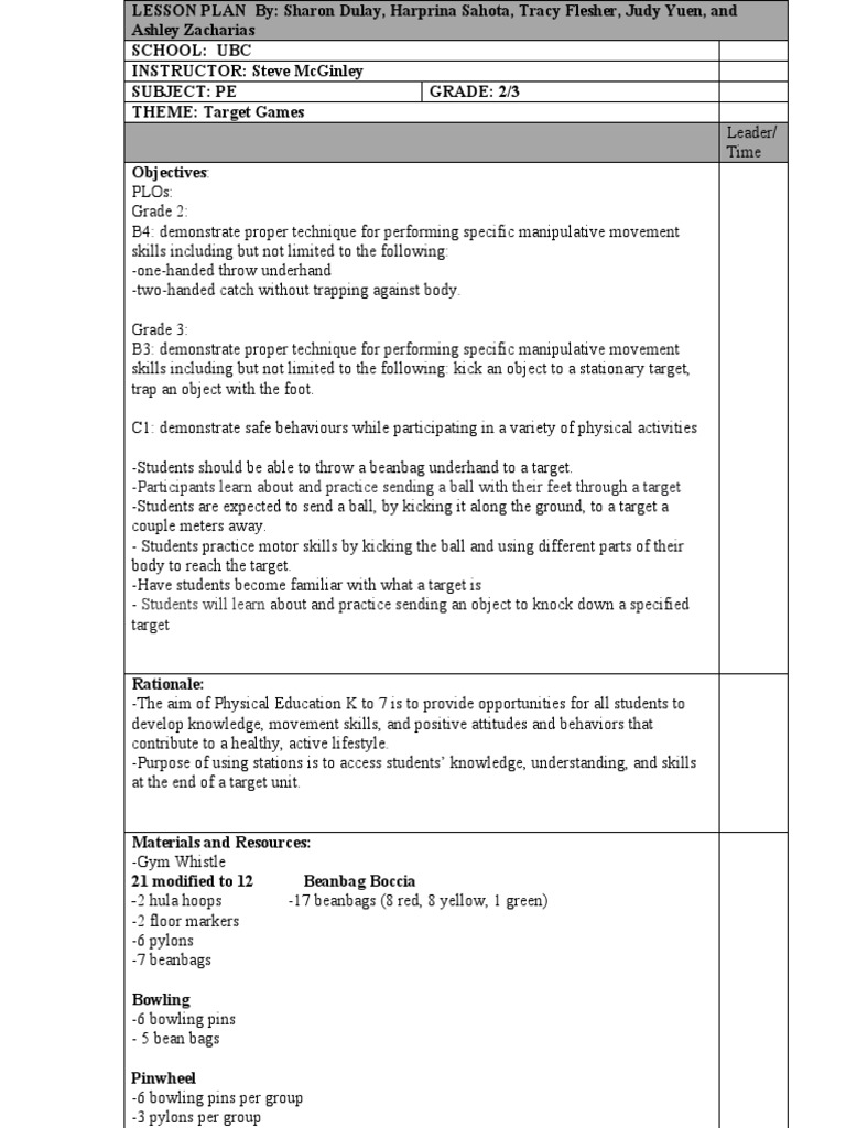 Target Games Lesson Plan for Grades 2/3 | PDF | Cognitive Science ...