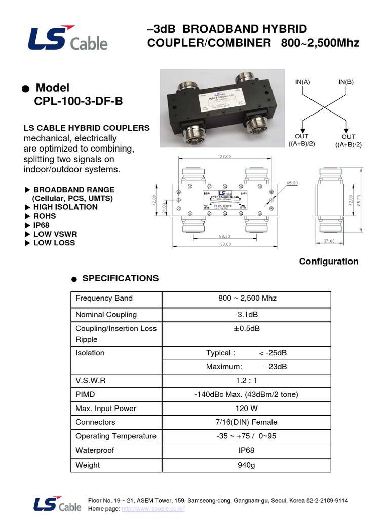 3Db Broadband Hybrid COUPLER/COMBINER 800 2,500Mhz: Ls Cable Hybrid ...