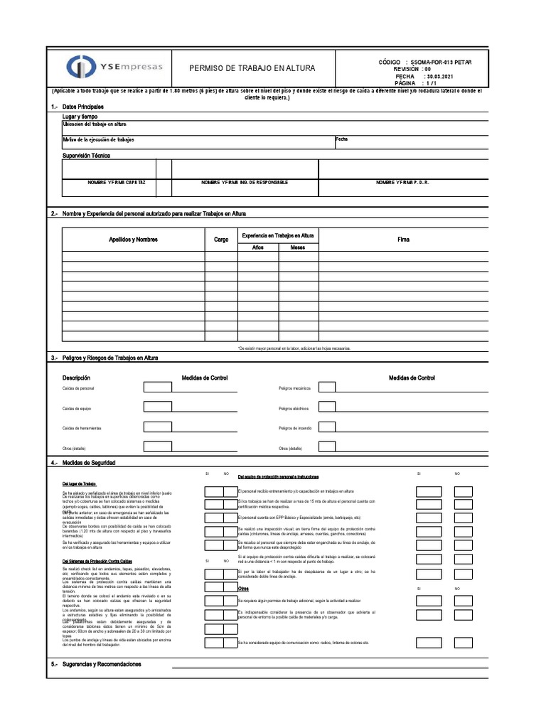 CB33-SSOMA-FOR-013 PETAR Trabajo en Altura | PDF