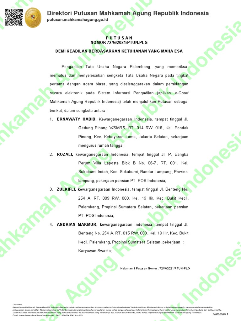 Putusan 72 G 2021 Ptun - PLG 20220317 | PDF
