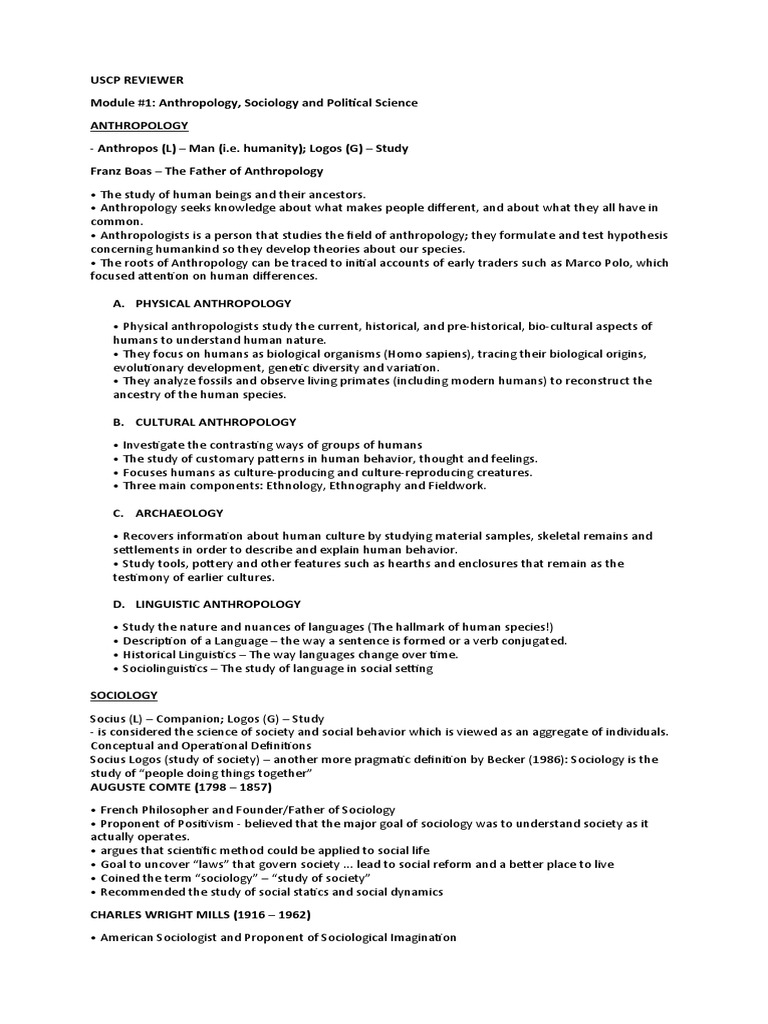 Uscp Reviewer | PDF | Anthropology | Sociology