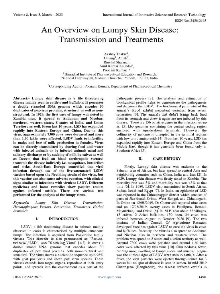 An Overview On Lumpy Skin Disease Transmission and Treatments | PDF