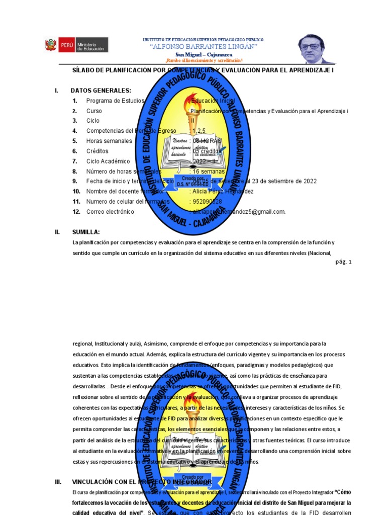 Silabo Planificación Por Competencias y Eval. para El Aprendizaje I - Docente Alicia Pérez ...