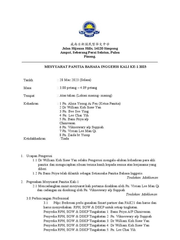Minit Mesyuarat Panitia BI 1 2023 | PDF